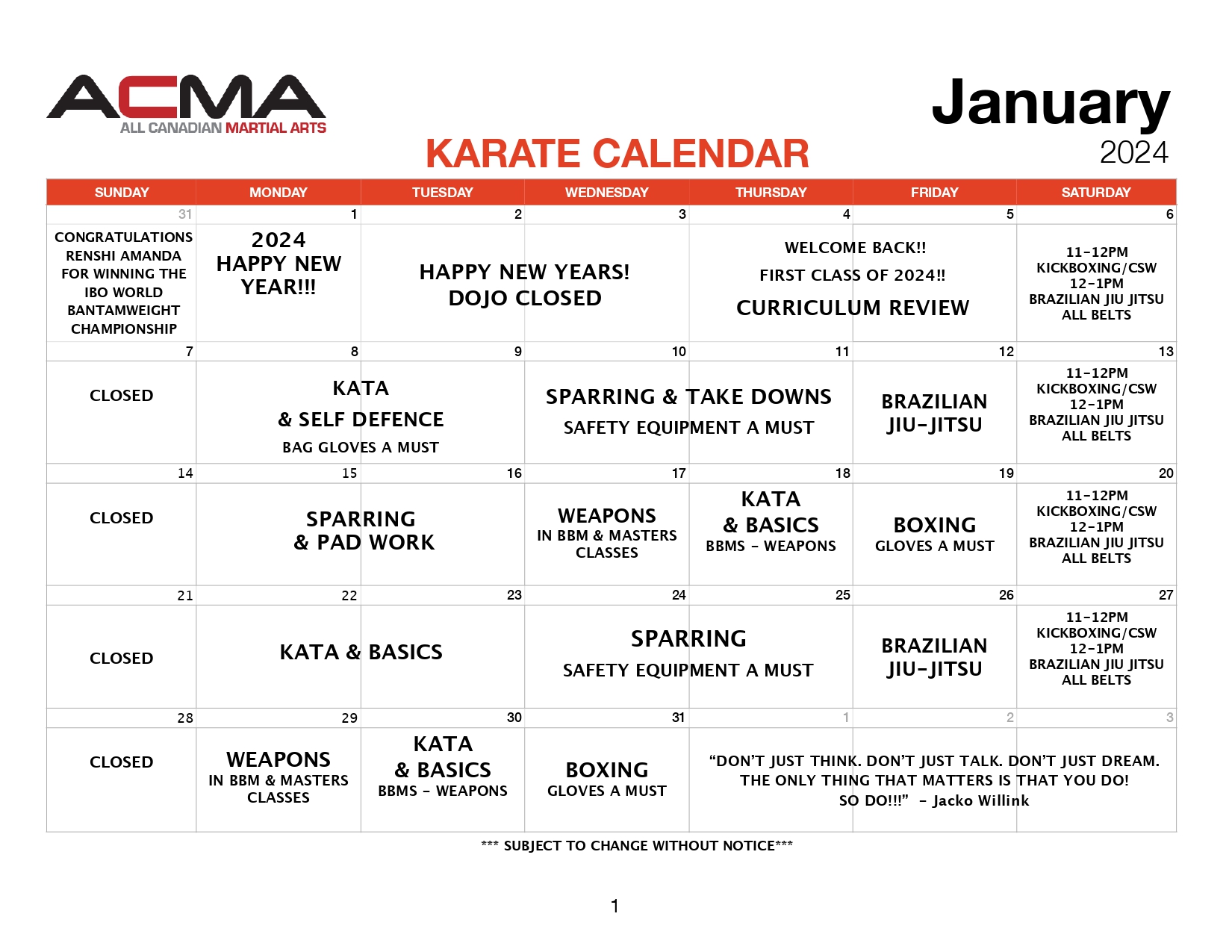 Karate Calendar